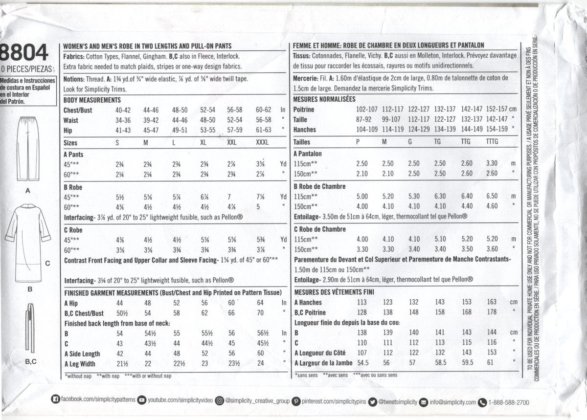 Simplicity 8804 Unisex Robe in Two Lengths and Pull-On Pants, Uncut, F ...