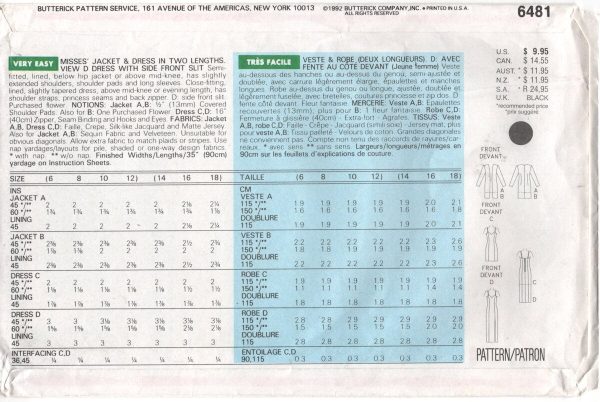 Butterick 6481 Evening Jacket and Dress in Two Lengths, Uncut, Factory ...