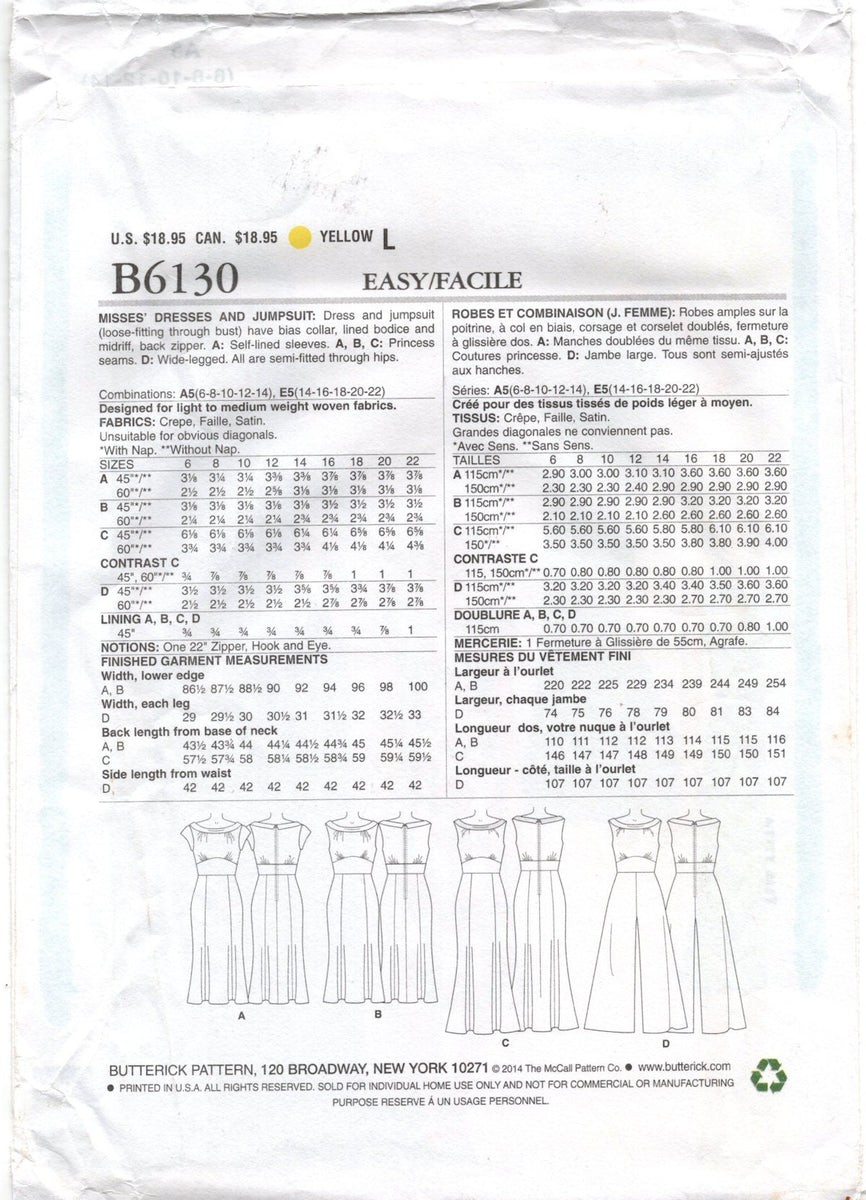Butterick 6130 Evening Dress in Two Lengths or Jumpsuit, Uncut, Factor ...