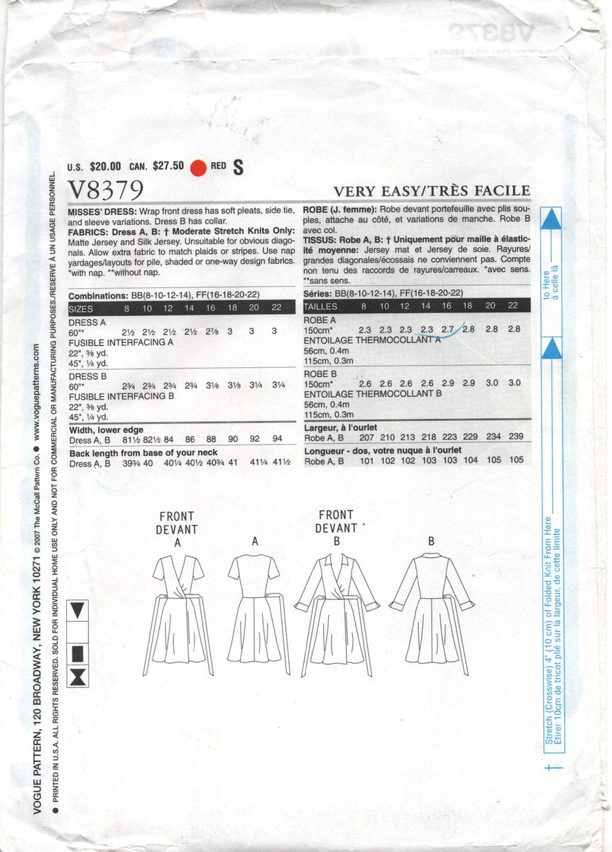 Vogue 8379 Softly Pleated Wrap Dress with Sleeve Variations, Uncut, Fa ...