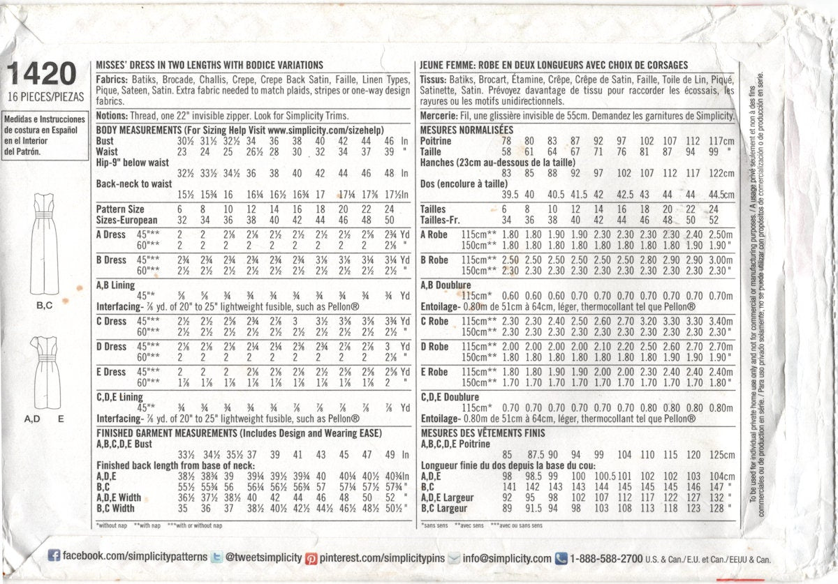 Simplicity 1420 Day or Evening Dress with Style Variations, Uncut, Fac ...