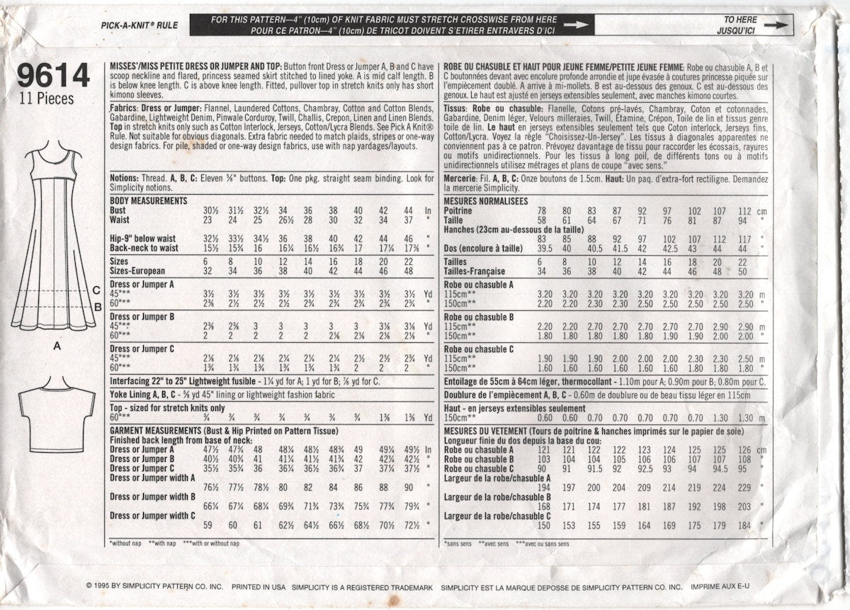 Simplicity 9614 Button Front Dress or Jumper and Top, Uncut, Factory F ...