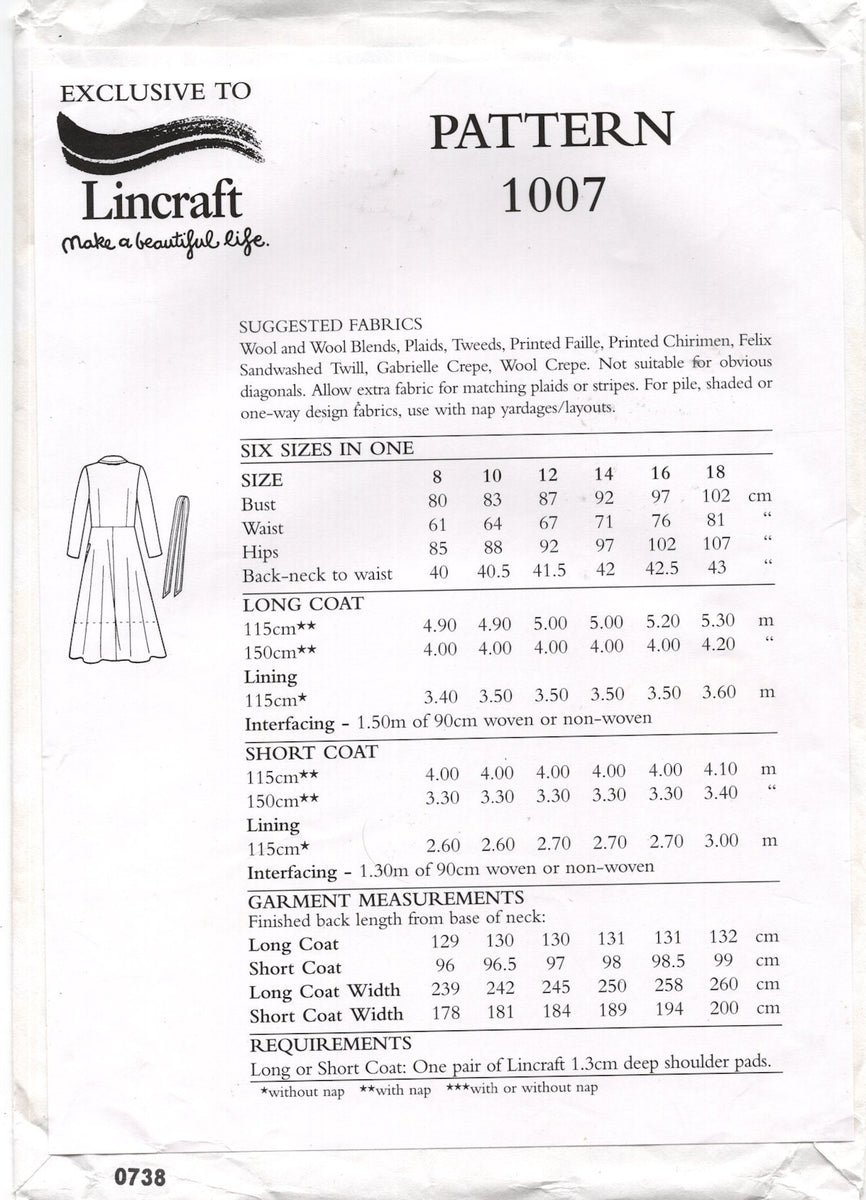 Lincraft 1007 Long or Short Winter Coat with Tie Belt, Uncut, Factory ...
