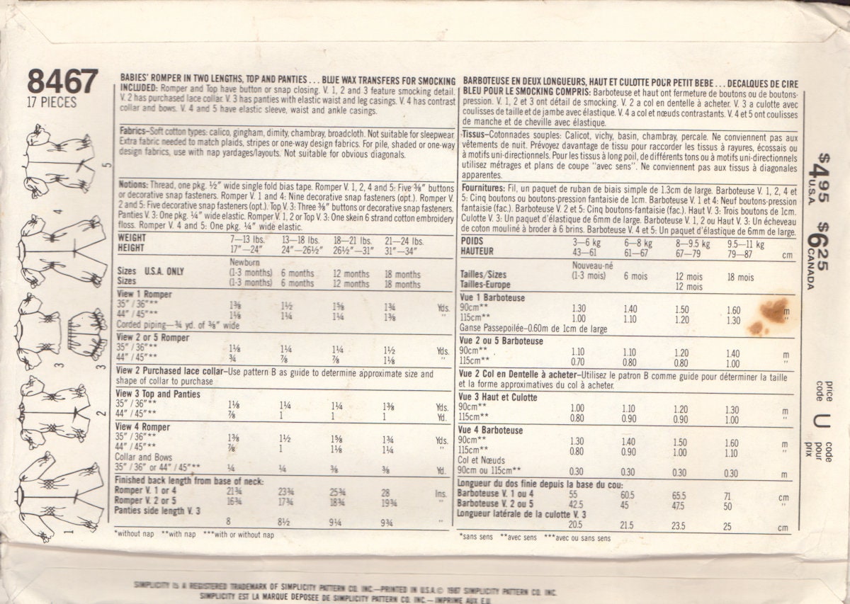 Simplicity 8467 Sewing Pattern, Babies' Romper, Top and Panties, Size ...