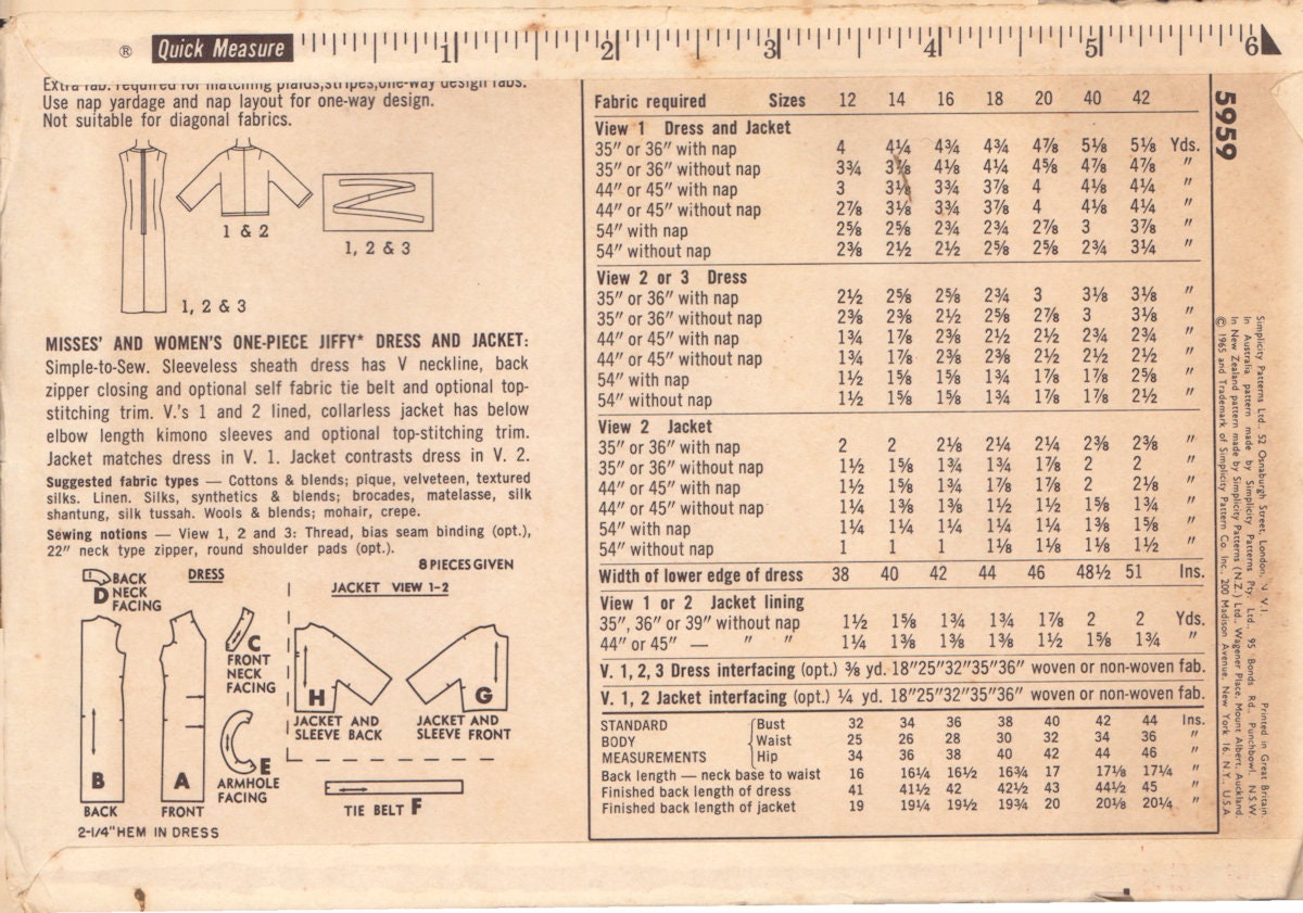 Simplicity 5959 Sewing Pattern, Jiffy Dress and Jacket, Size 14, Facto ...